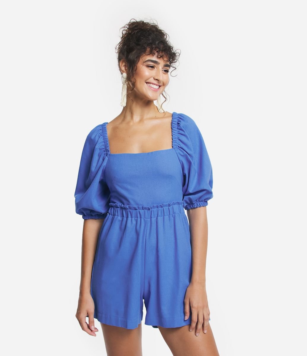 Macaquinho em Linho com Manga Balonê e Cós com Babado Azul