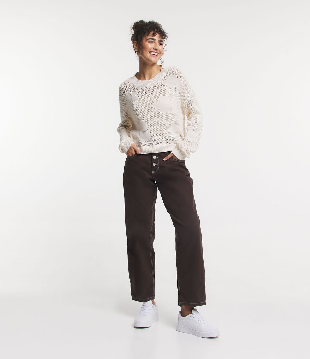 Suéter em Tricô com Ponto Aberto de Flor Off White - Renner