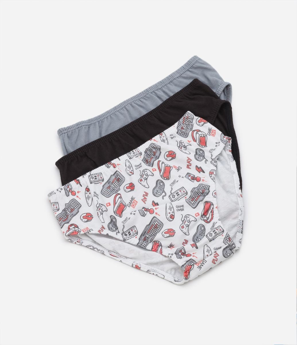 Kit 03 Cuecas Infantis Slip com Estampa Gamer - Tam 2 ao 12 anos Branco ...
