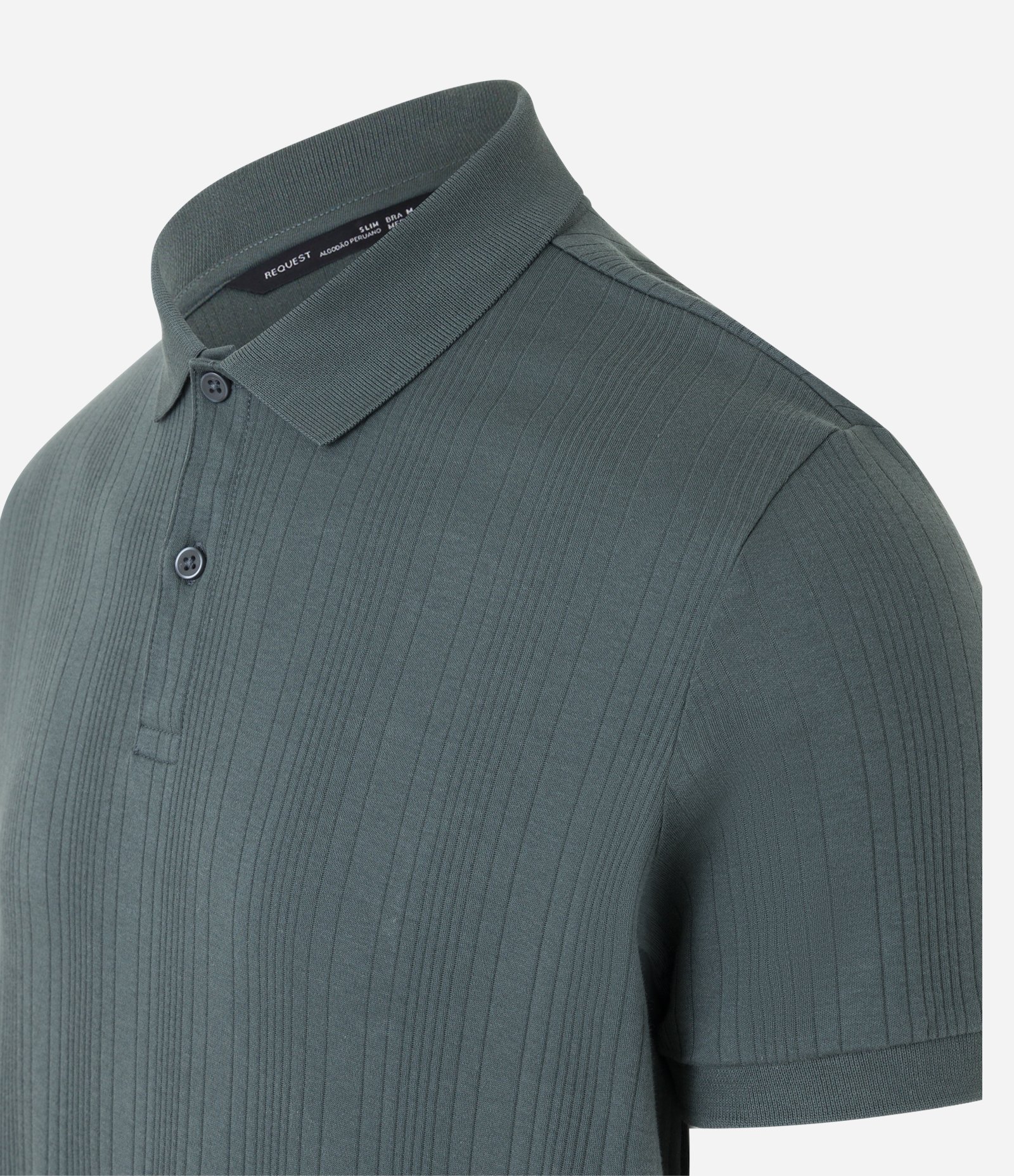 Camisa Polo Slim em Algodão com Botões e Textura Riscada Cinza Esverdeado