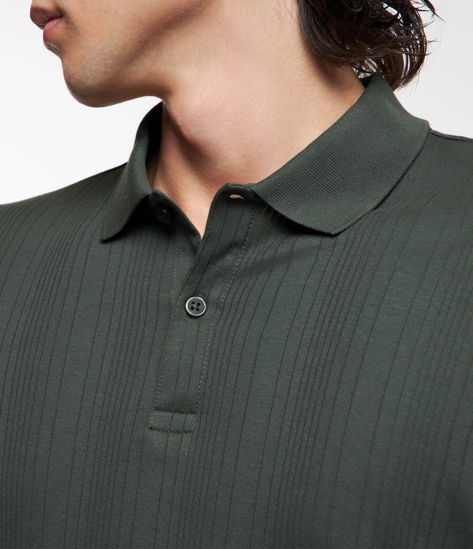 Camisa Polo Slim em Algodão com Botões e Textura Riscada Cinza Esverdeado