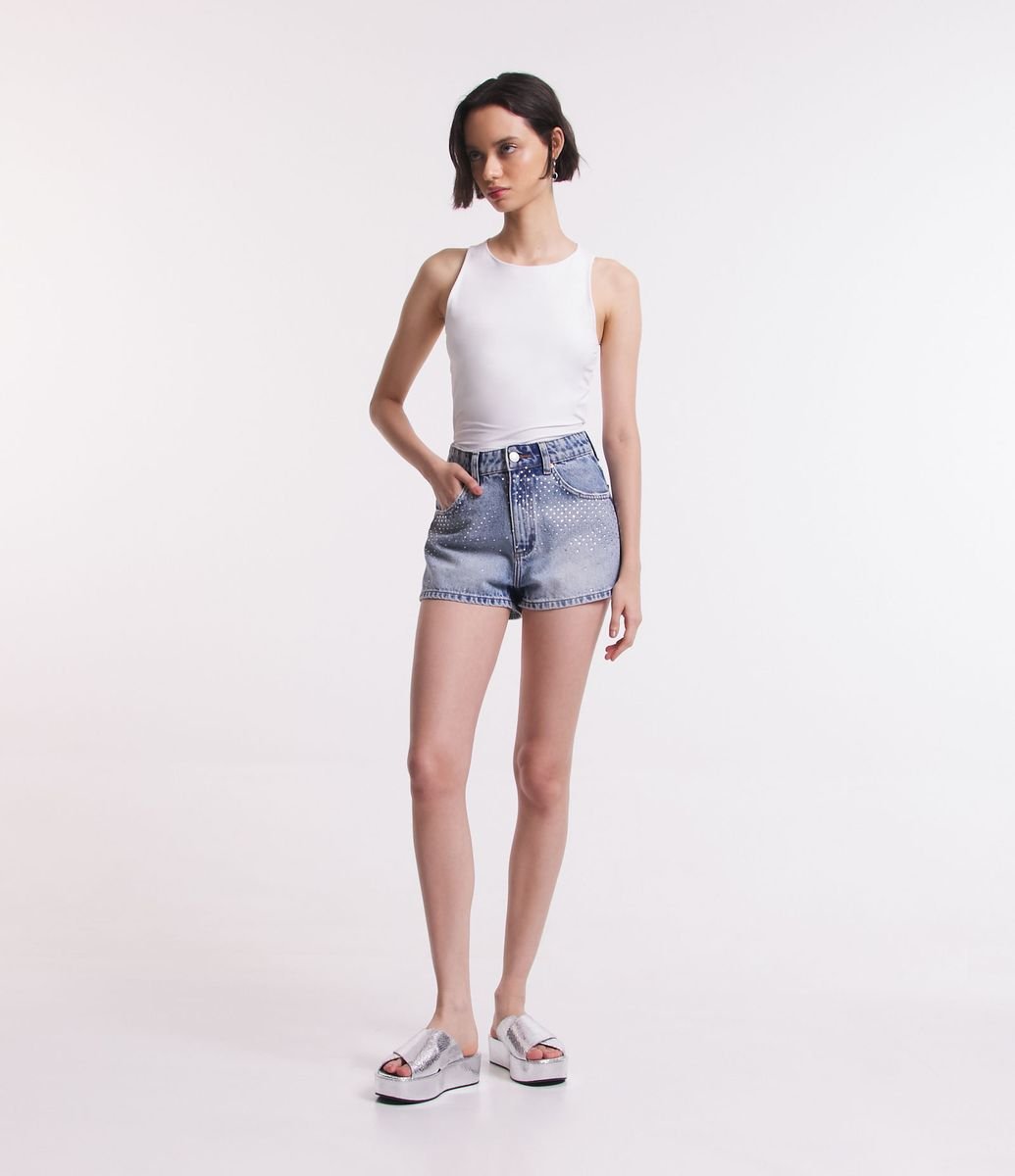 Short Cintura Alta em Jeans com Brilhos e Fendinha na Barra Azul - Renner