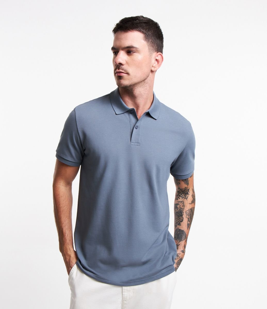 Camiseta Polo Comfort em Algodão Peruano Azul Médio