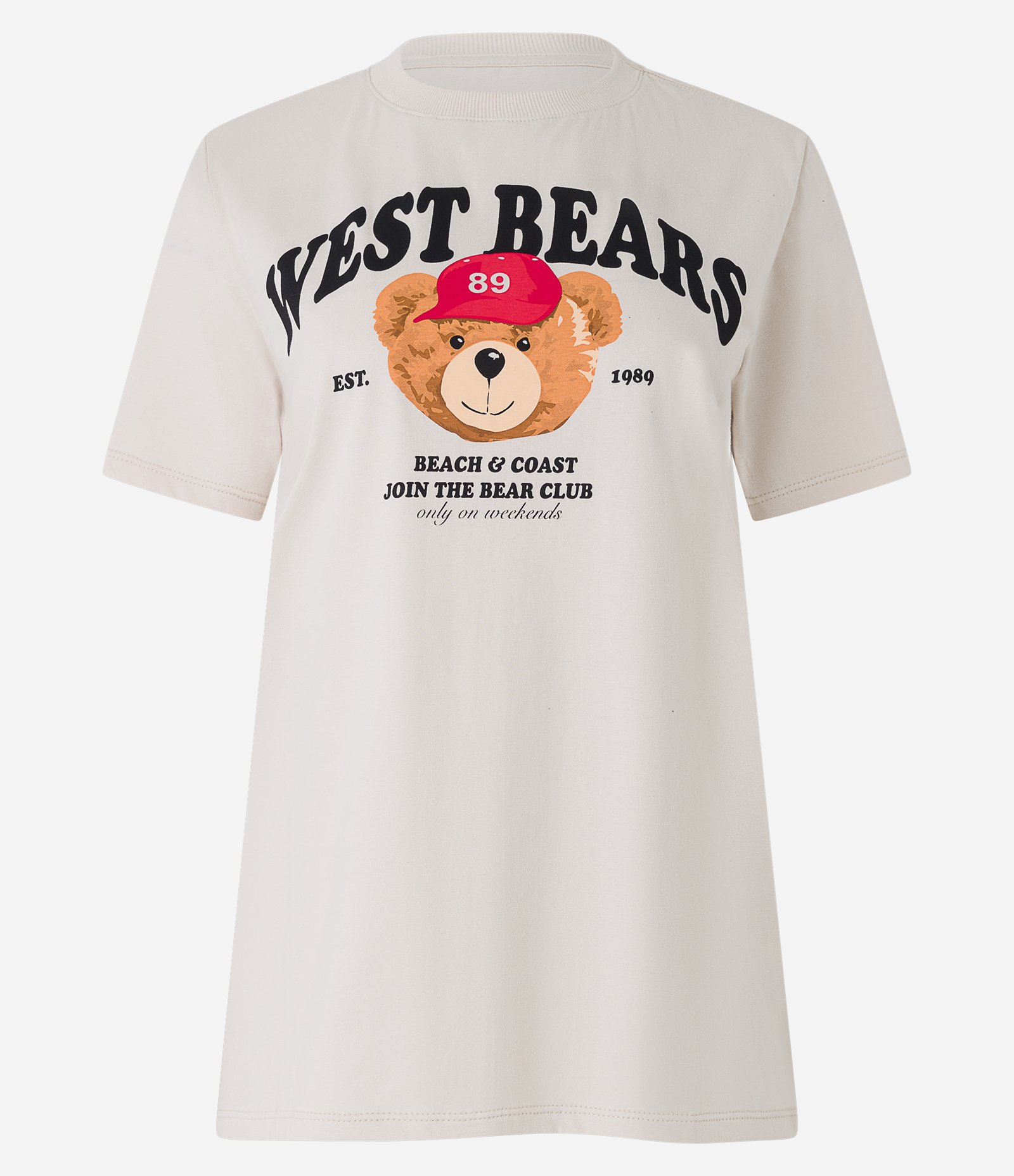 Camiseta Alongada em Meia Malha com Estampa Ursinho de Boné Off White