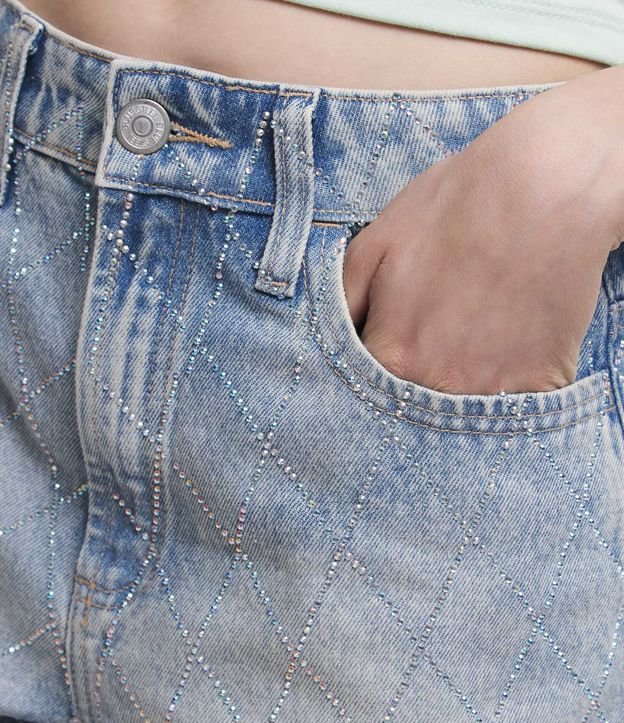 Short Jeans com Strass em Losangos Azul