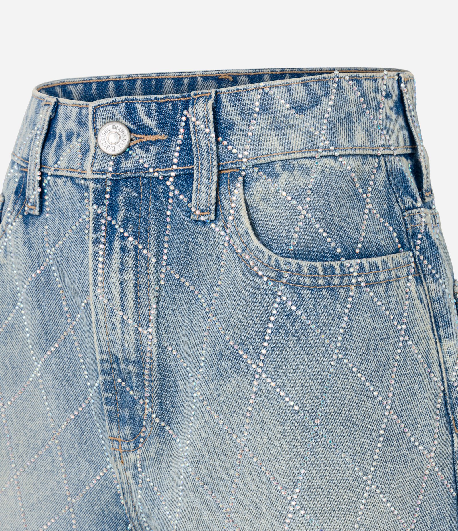 Short Jeans com Strass em Losangos Azul