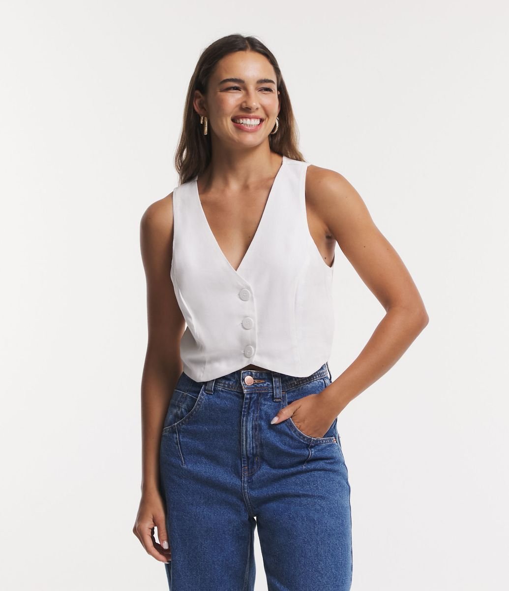 Colete em Linho alfaiataria com Botões Branco - Renner