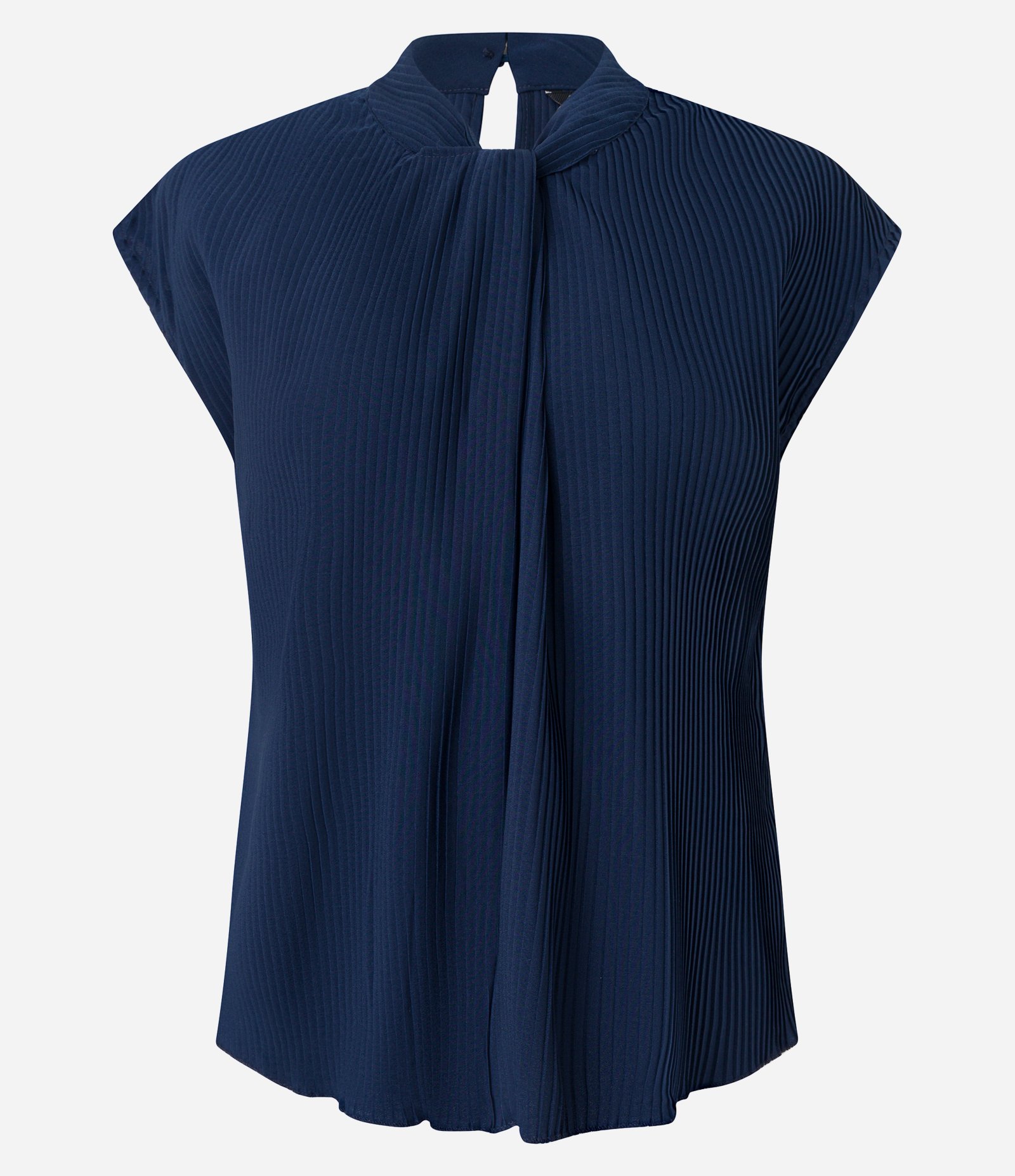 Blusa Muscle Tee em Crepe com Detalhe na Gola e Textura Plissada Azul