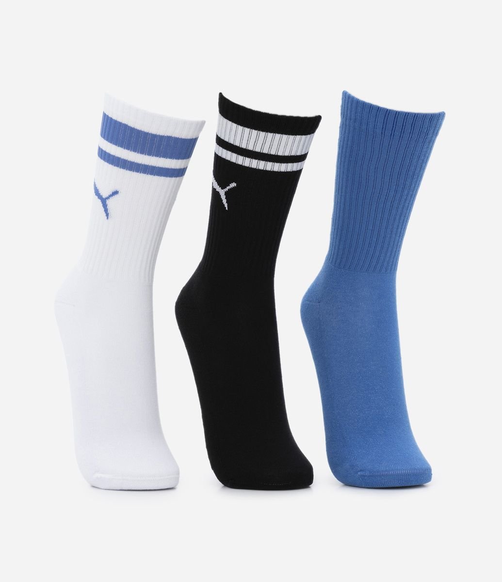 Kit 03 Meias Cano Alto Esportiva em Algodão Puma Azul/ Preto/ Branco ...