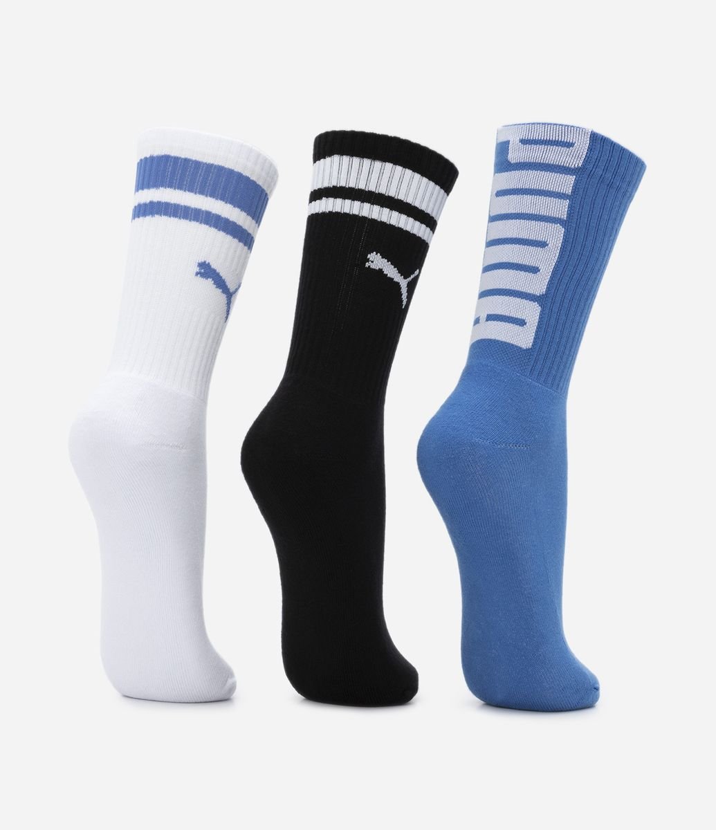 Kit 03 Meias Cano Alto Esportiva em Algodão Puma Azul/ Preto/ Branco ...