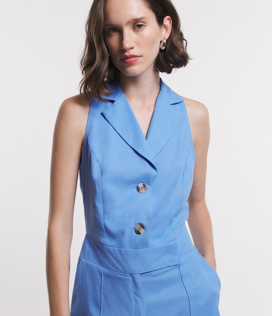 Macacao Linho Liso curto gola blazer e abotoamento frontal SOLO JAN MFF ...