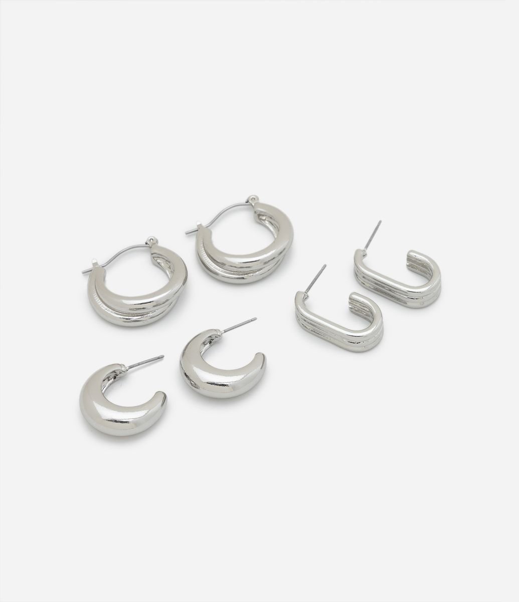 Kit 03 Argolas Pequenas em Metal Bold Prata - Renner