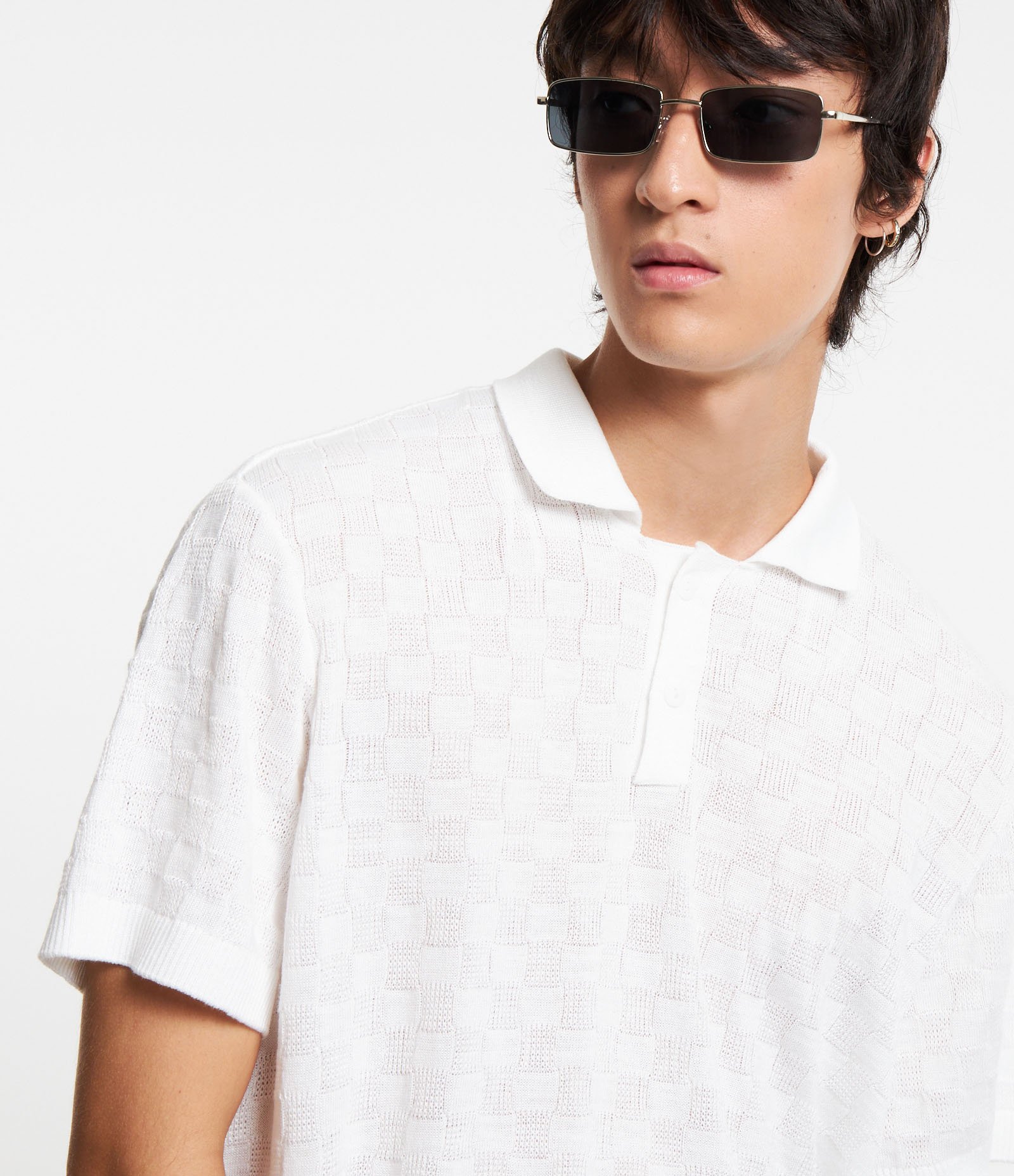 Polo Boxy em Tricô Trabalhado e Botões na Gola