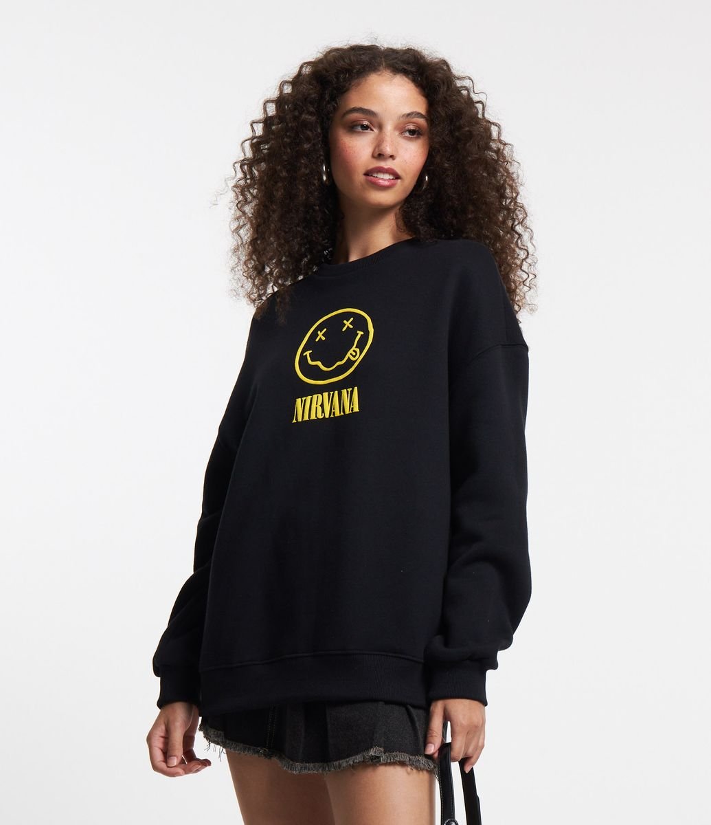 Blusão em Moletom com Forro Fleece e Estampa Frente e Costas Nirvana Preto