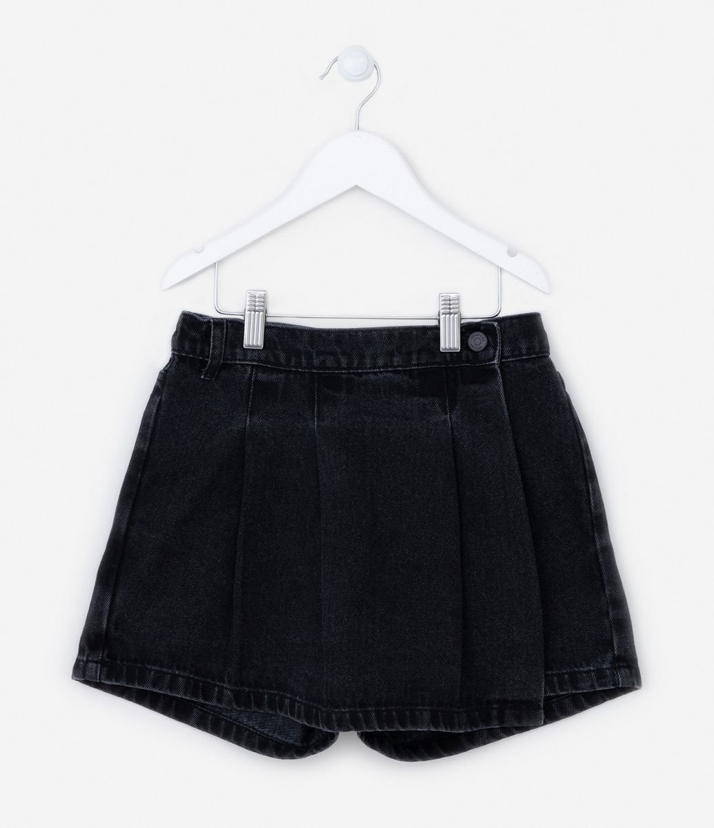 Short Saia Infantil Jeans Plissado - Tam 5 A 14 Anos Preto