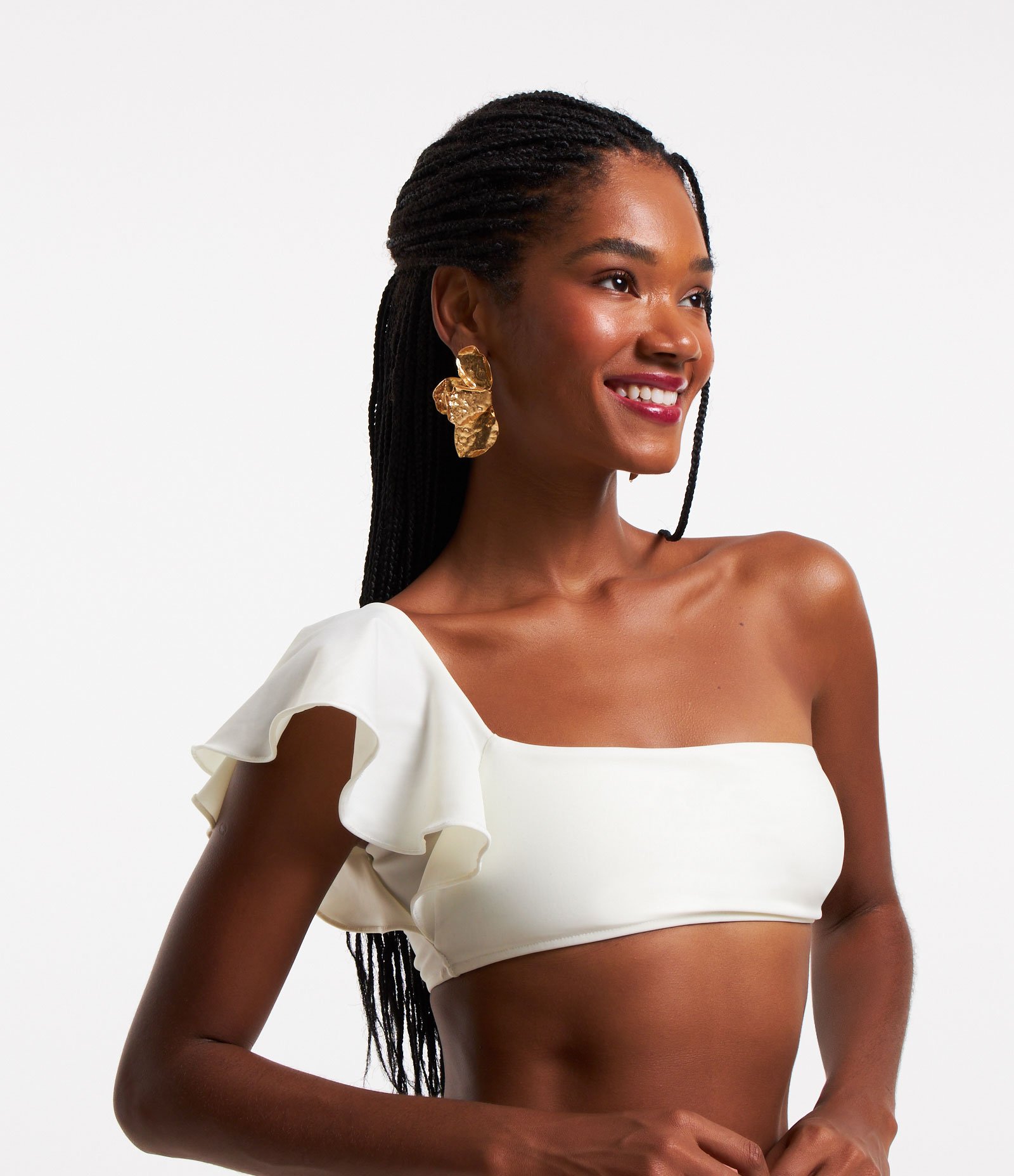 Biquíni Top Bandeau Ombro Só Com Babado Assimétrico Branco Neve