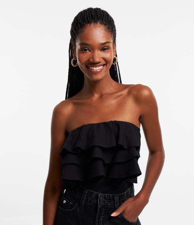 Body em Ponto Roma Tomara que Caia com Babado Duplo Preto