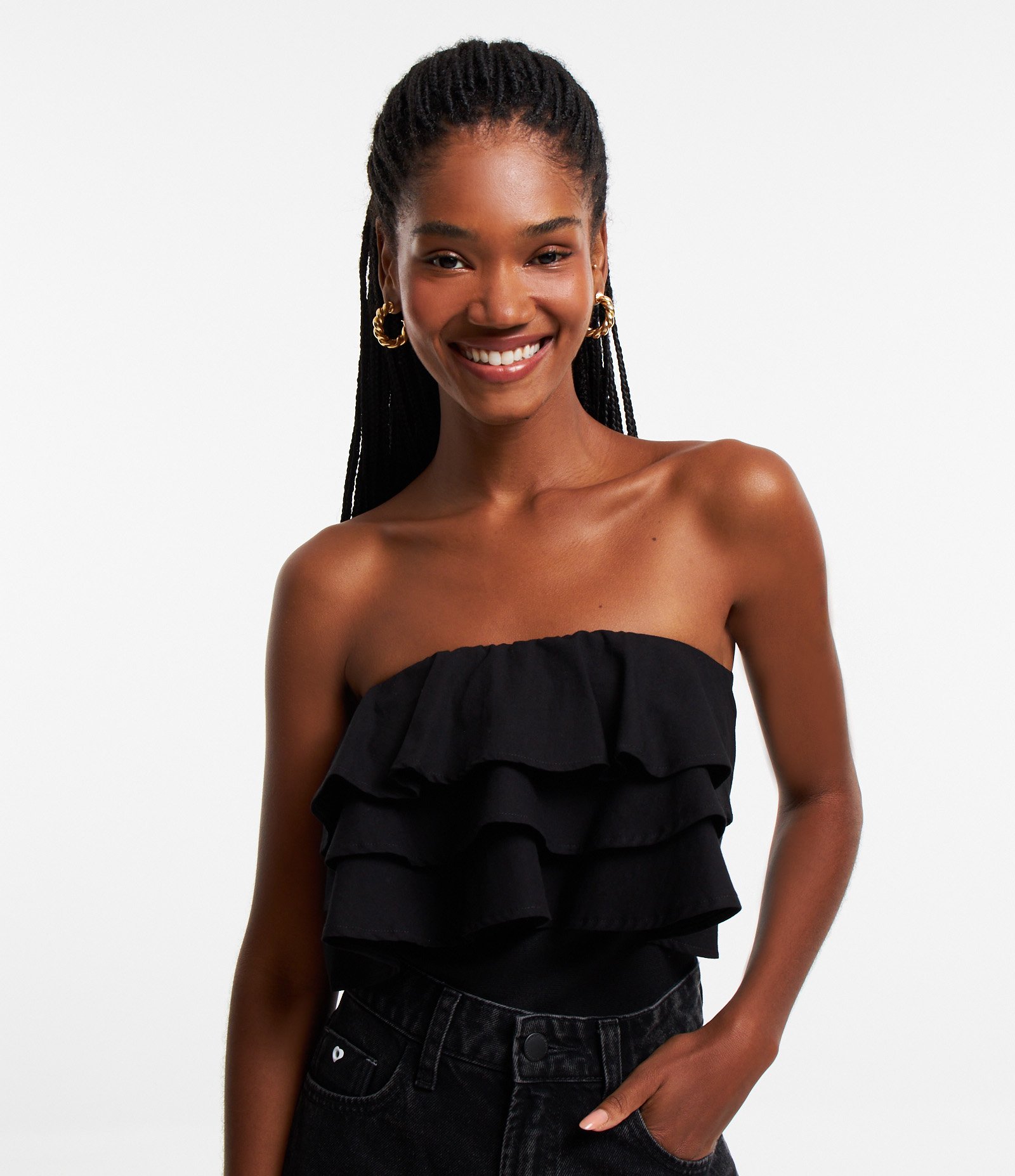 Body em Ponto Roma Tomara que Caia com Babado Duplo Preto