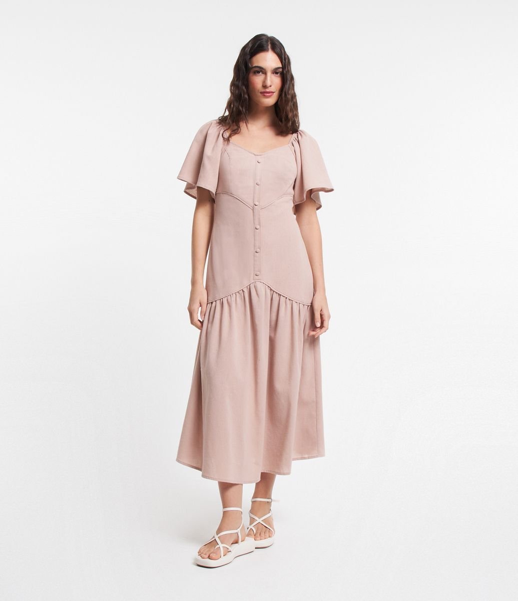 Vestido New Midi em Linho com Manga Godê e Lastex nas Costas Bege ...