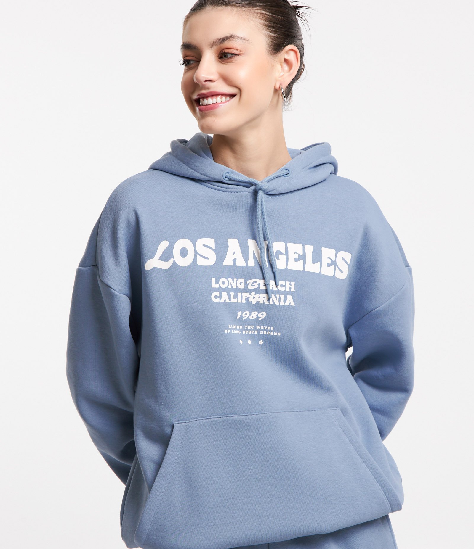 Blusão Overtop em Moletom com Forro Fleece e Estampa Los Angeles Azul