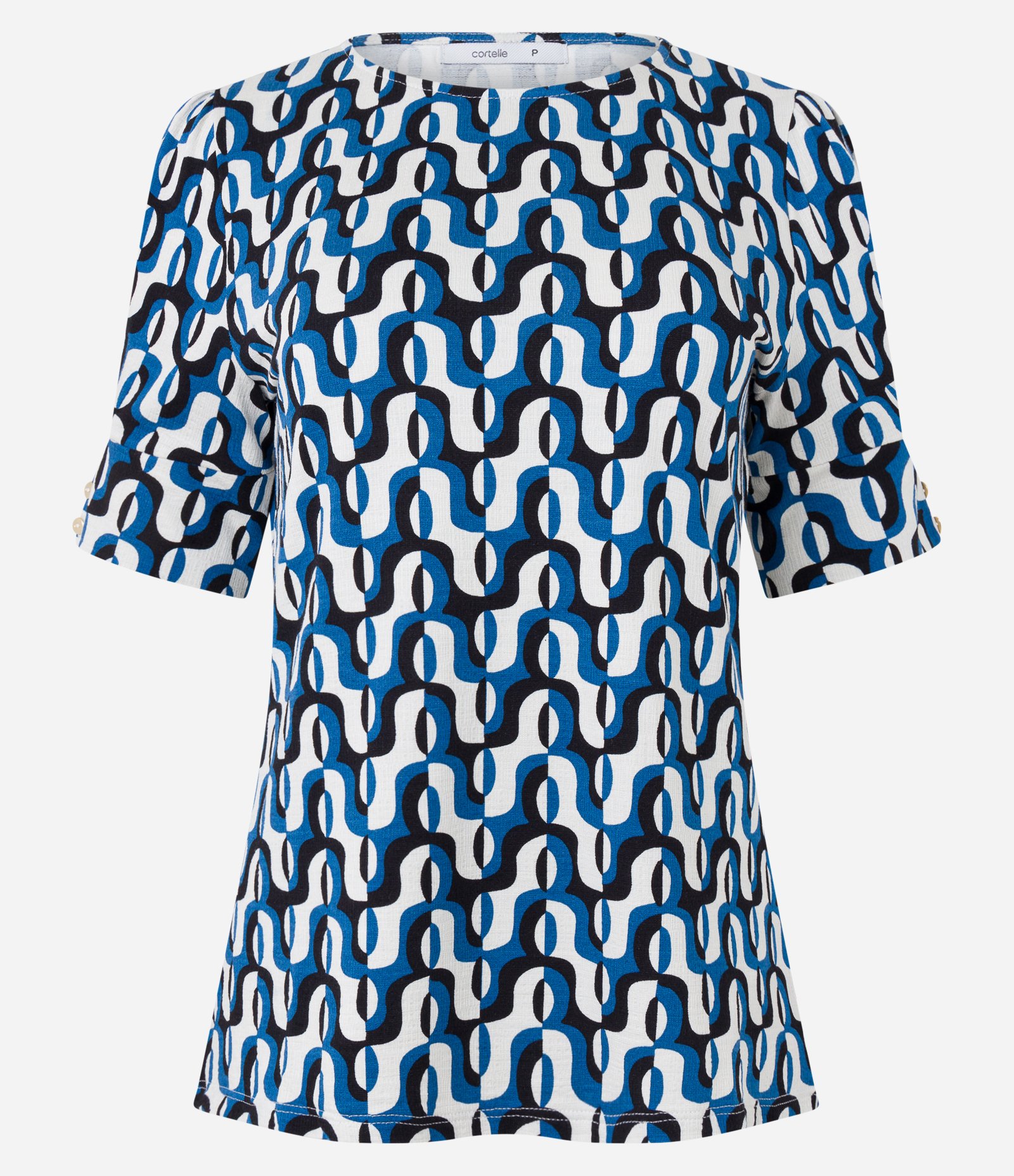 Blusa em Viscose com Estampa Geométrica Azul/ Branco/ Preto