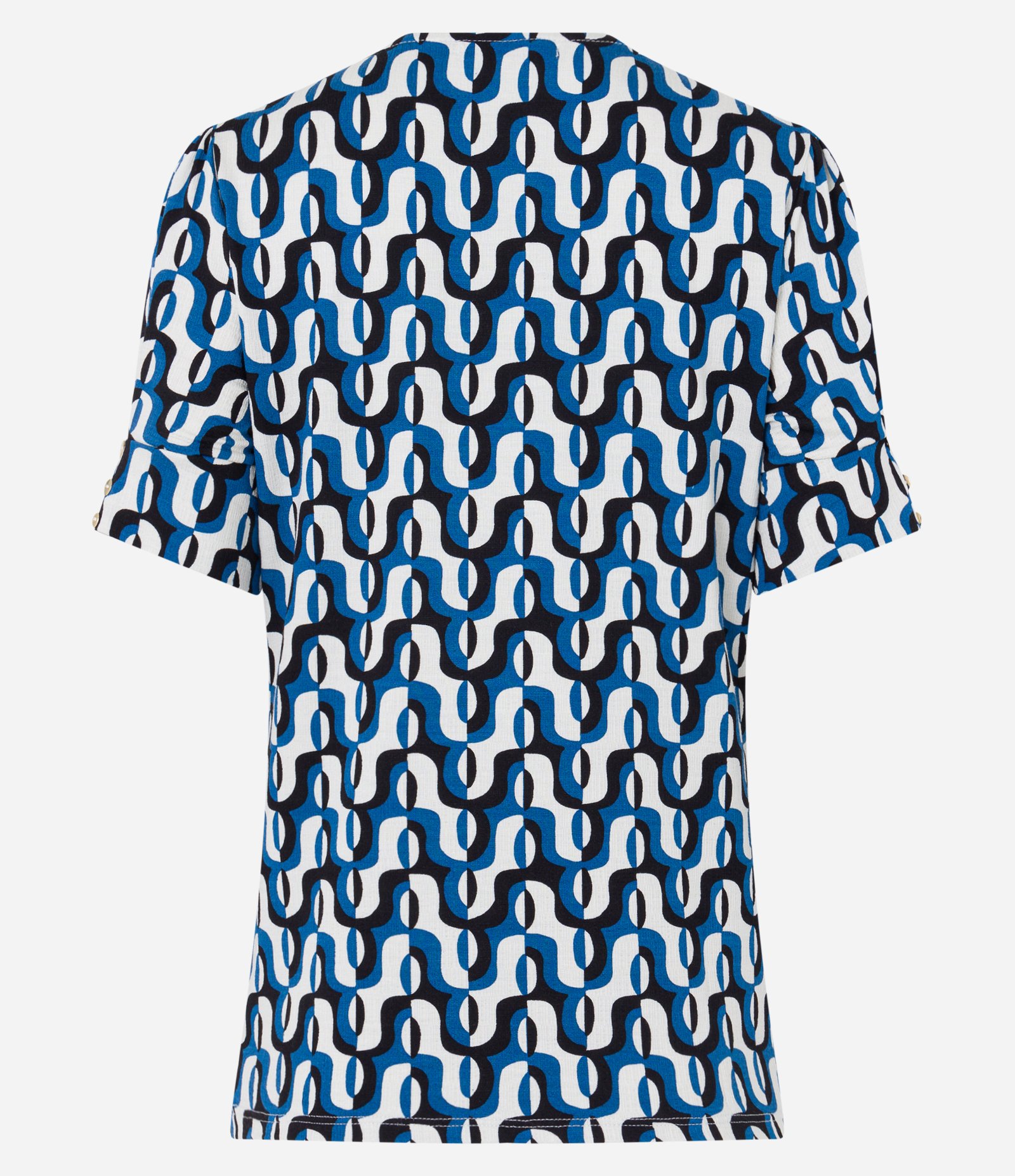 Blusa em Viscose com Estampa Geométrica Azul/ Branco/ Preto