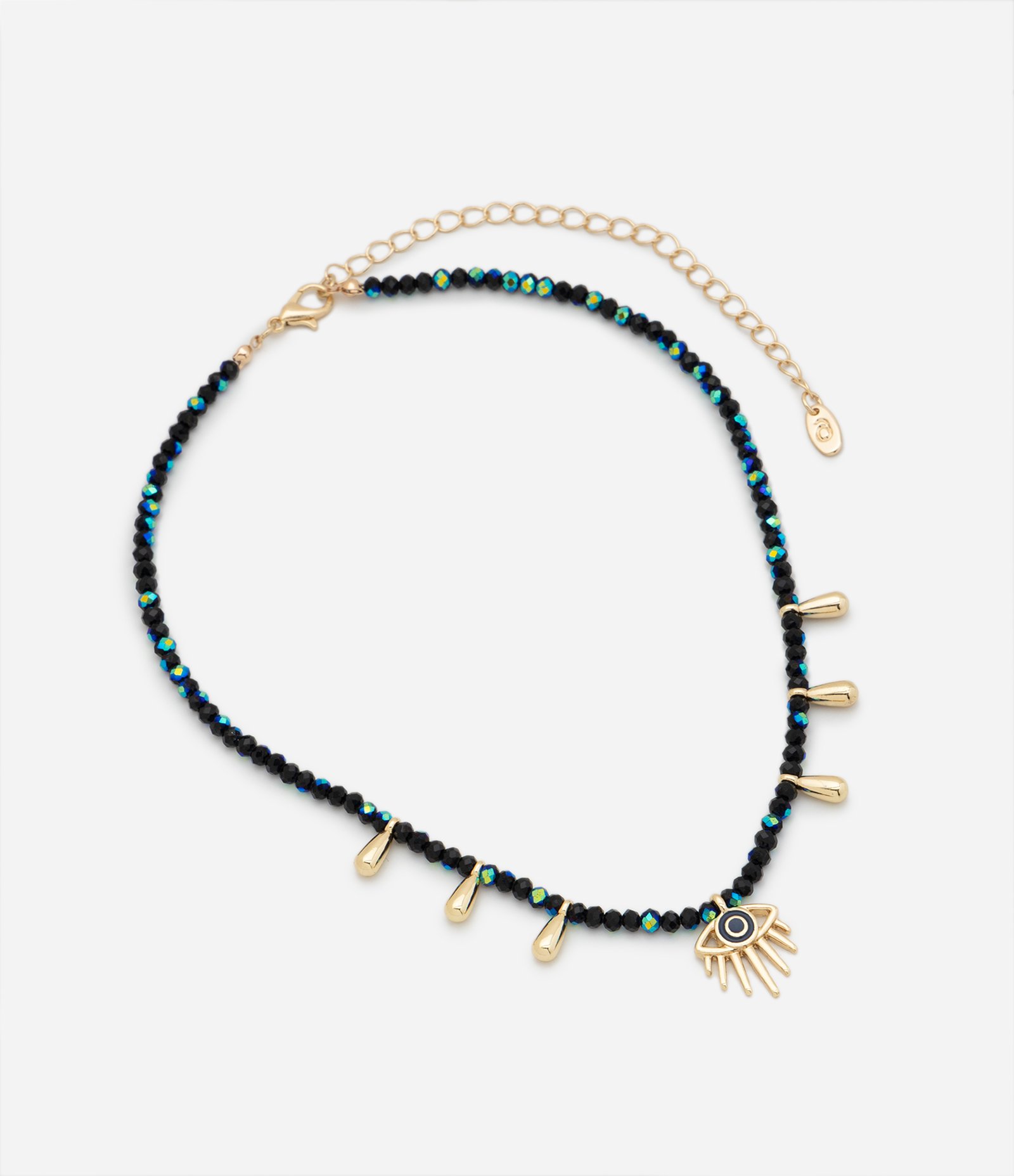 Colar Curto com Miçangas e Pingente de Olho Grego Azul