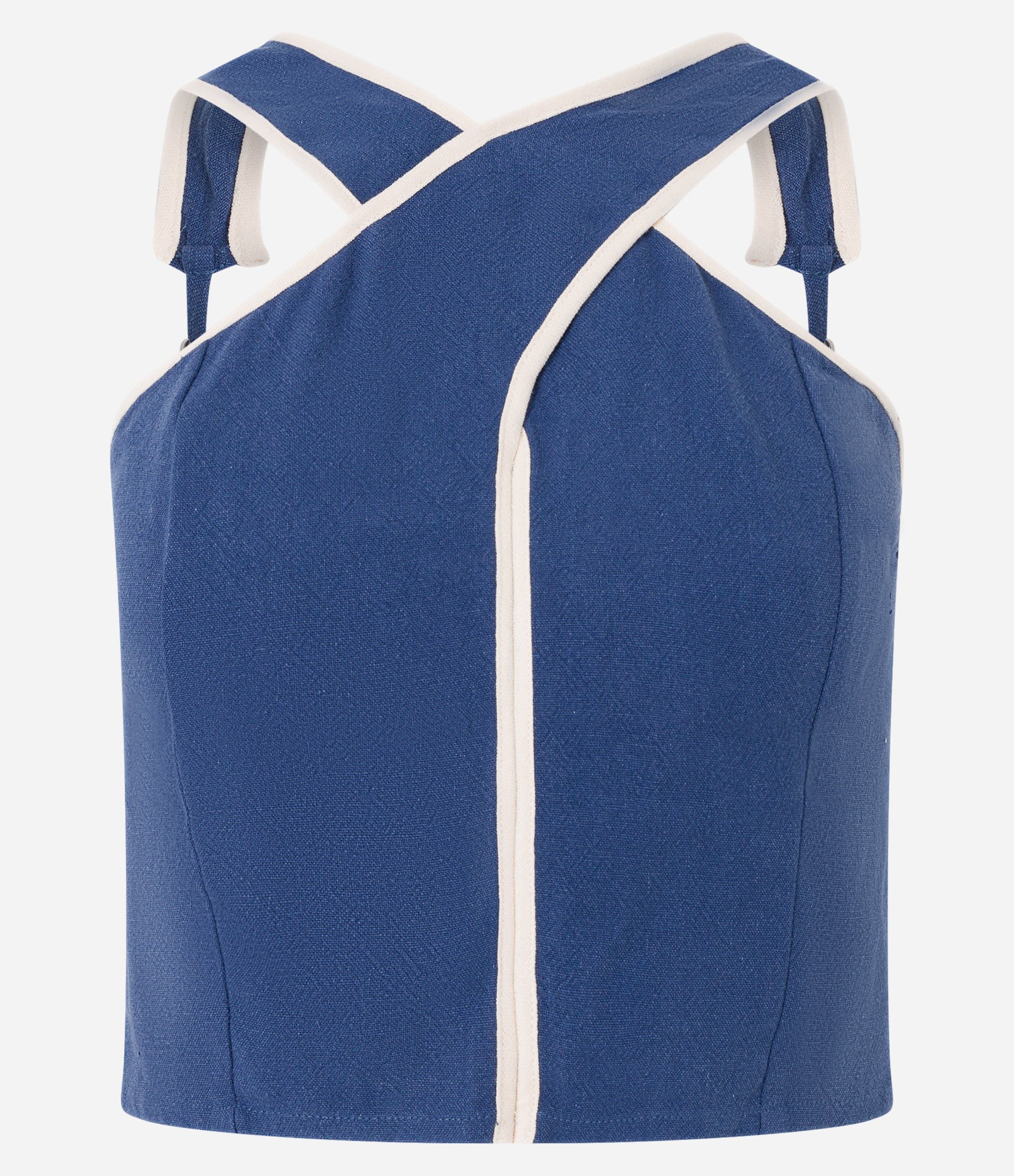 Blusa Cropped sem Manga em Viscose com Linho e Amarração nas Costas Azul