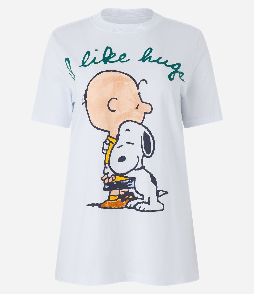 Camiseta Alongada em Algodão com Estampa Charlie e Snoopy Branco - Renner