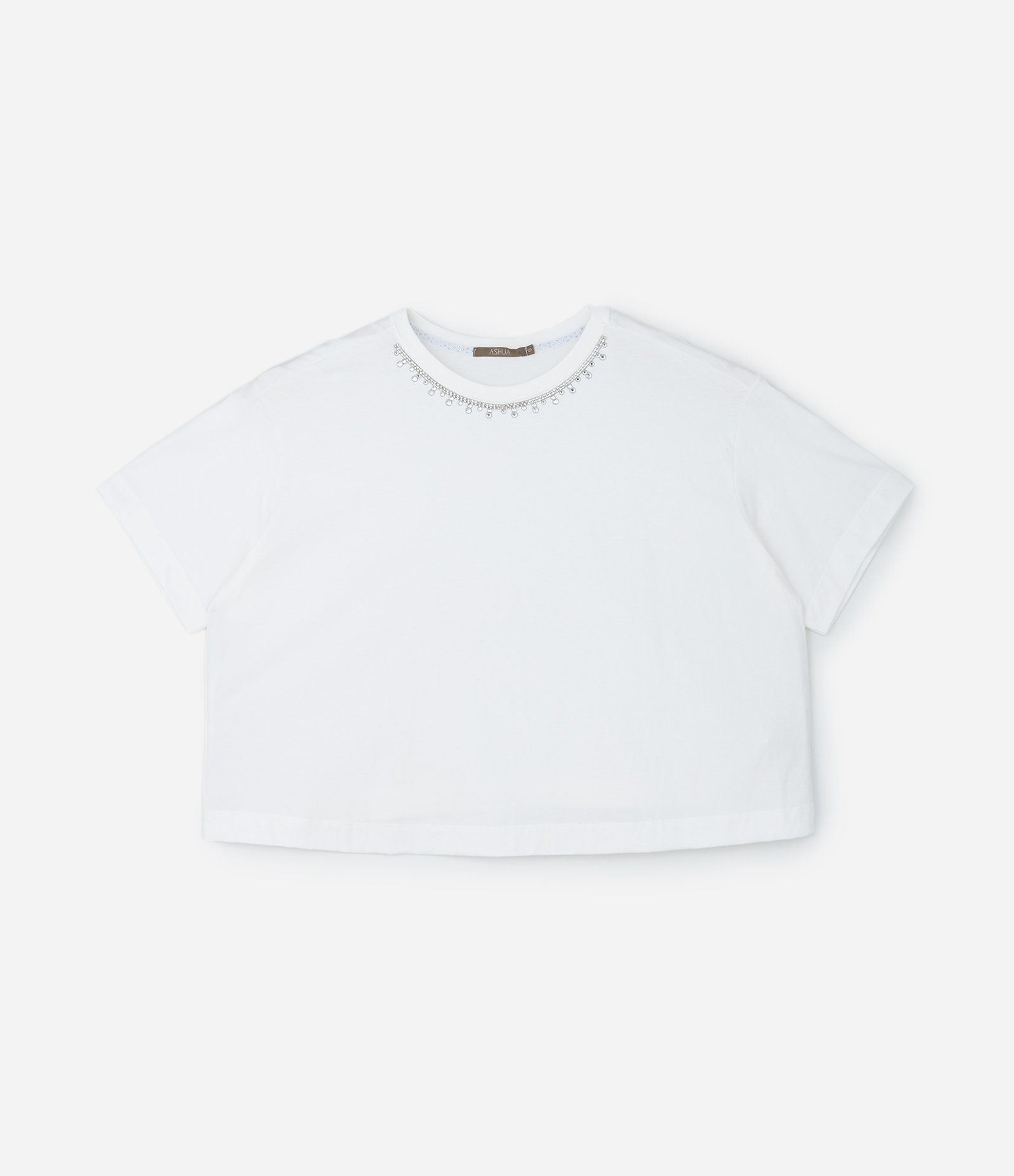 Blusa Cropped com Cava Deslocada e Strass Curve & Plus Size Branco Neve