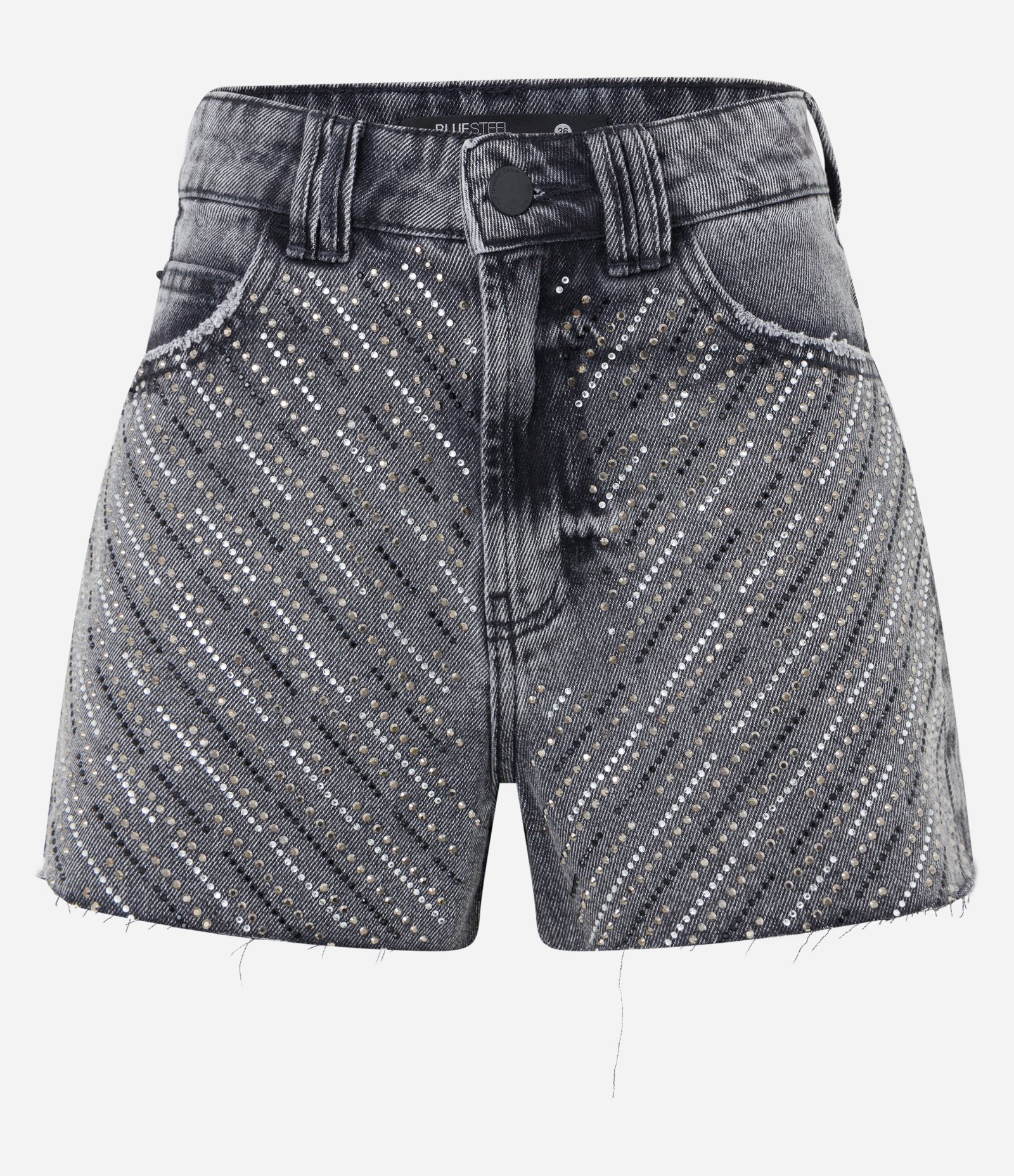 Short Cintura Alta em Jeans com Brilho e Barra Cortada Preto Estonado