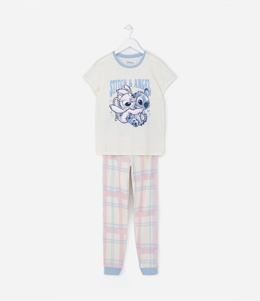 Pijama Infantil Longo em Algodão Estampa Stitch e Angel - Tam 5 a 14 anos Off White