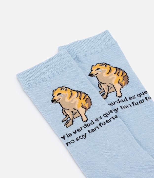 Meia Cano Alto em Algodão com Estampa No Soy Tan Fuerte Azul