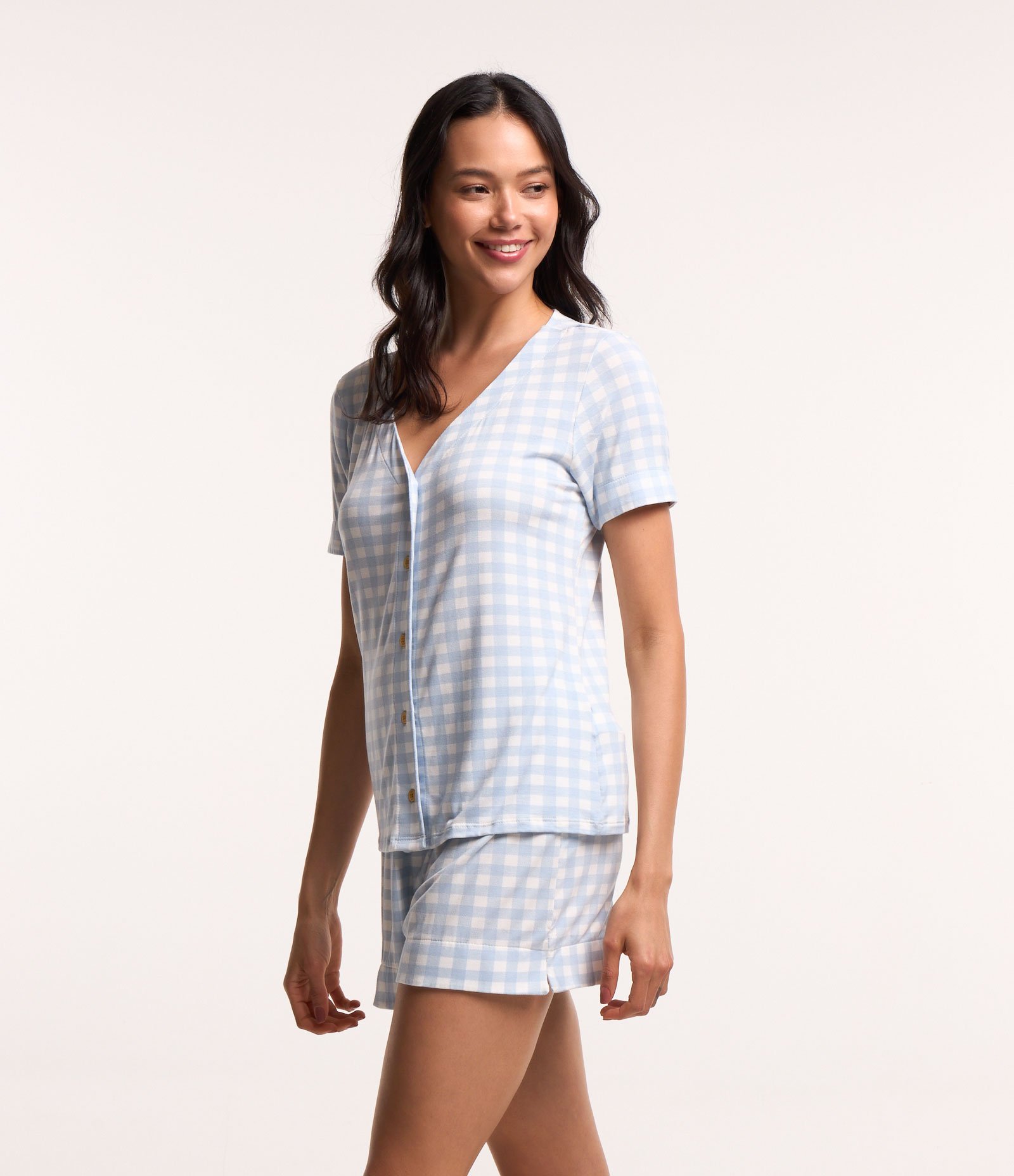 Pijama Short Doll em Viscose com Botões e Estampa Xadrez Azul