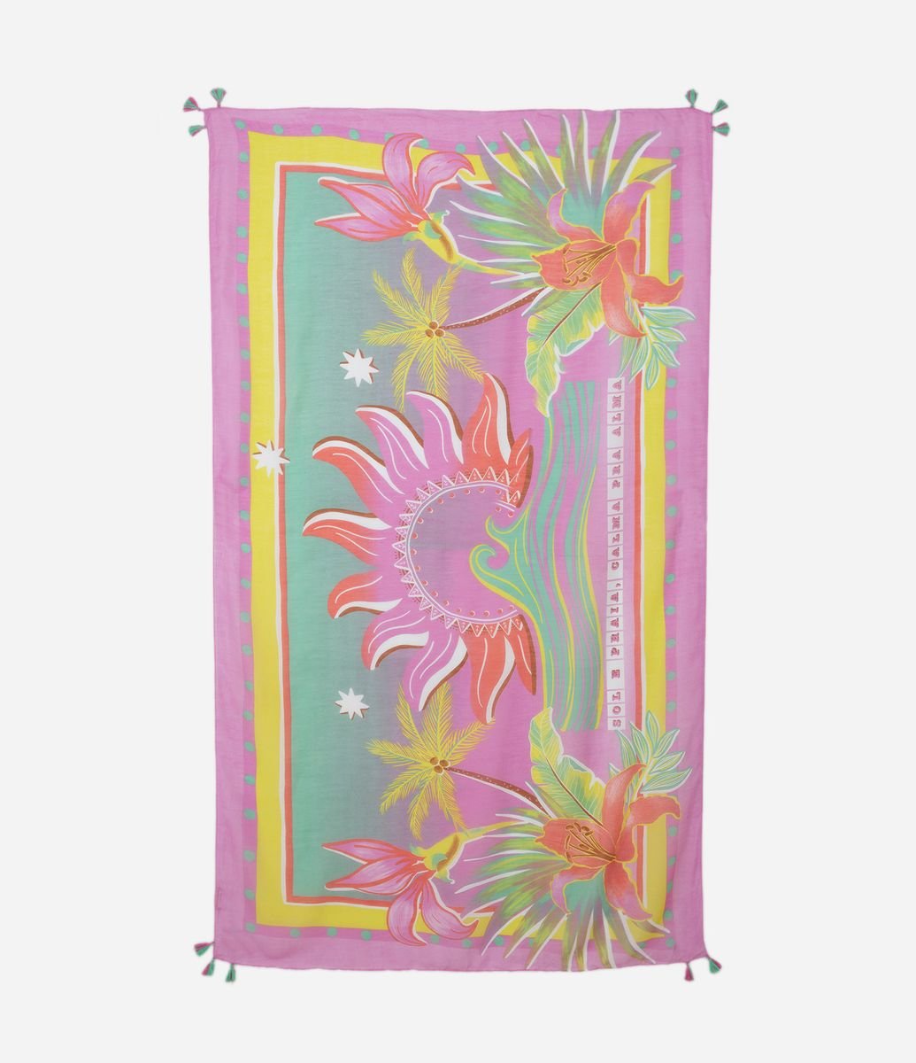 Canga de Praia em Chiffon com Estampa de Sol e Praia Roxo
