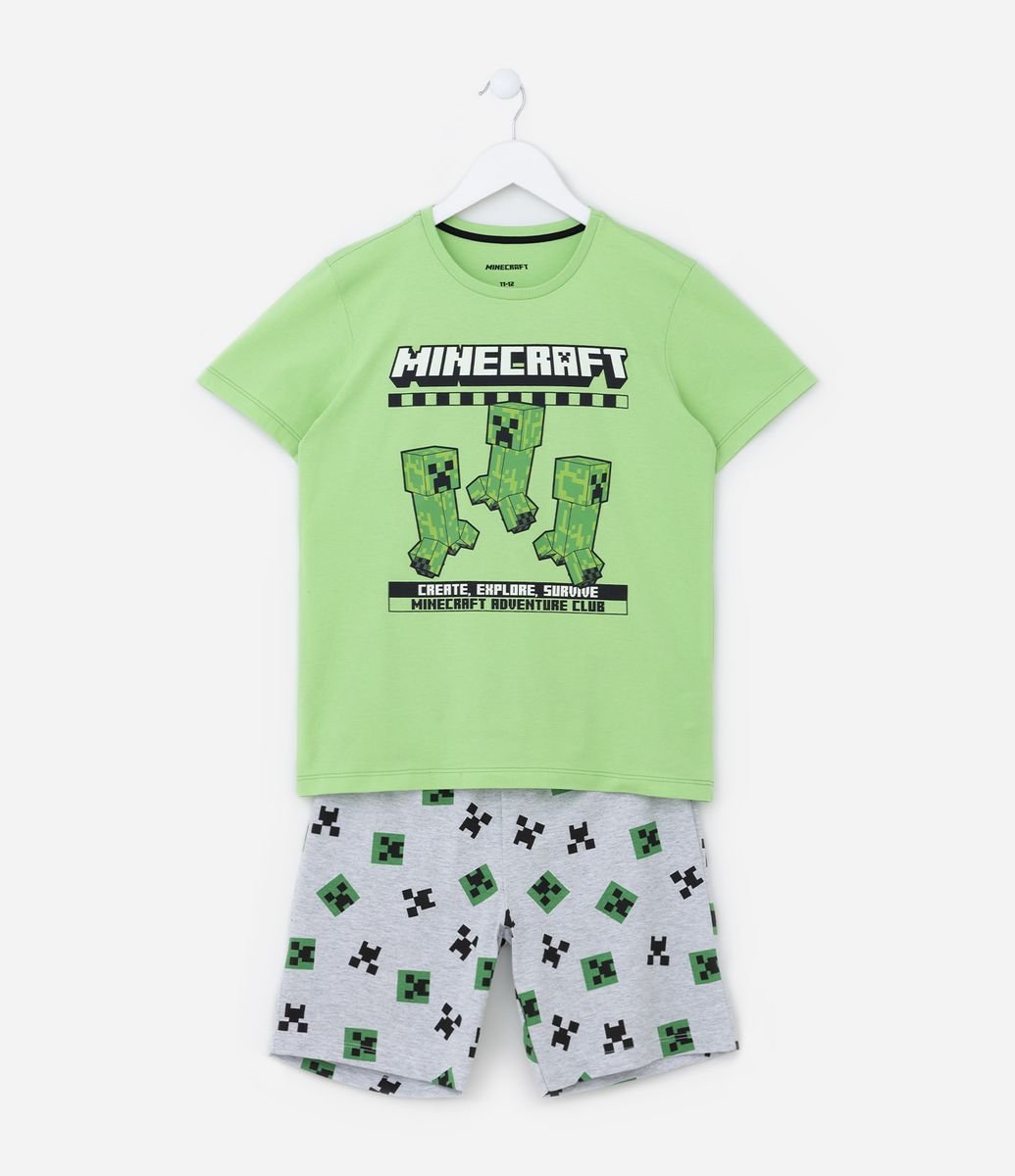 Pijama Curto Infantil com Estampa Minecraft - Tam 05 ao 14 Anos Verde/Cinza