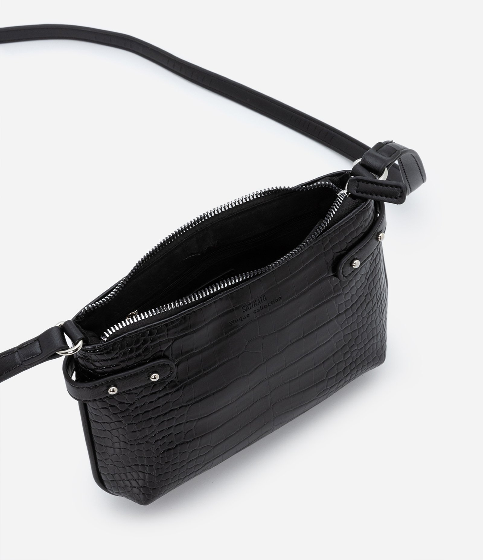 Bolsa Transversal em Pu com Textura Croco Preto