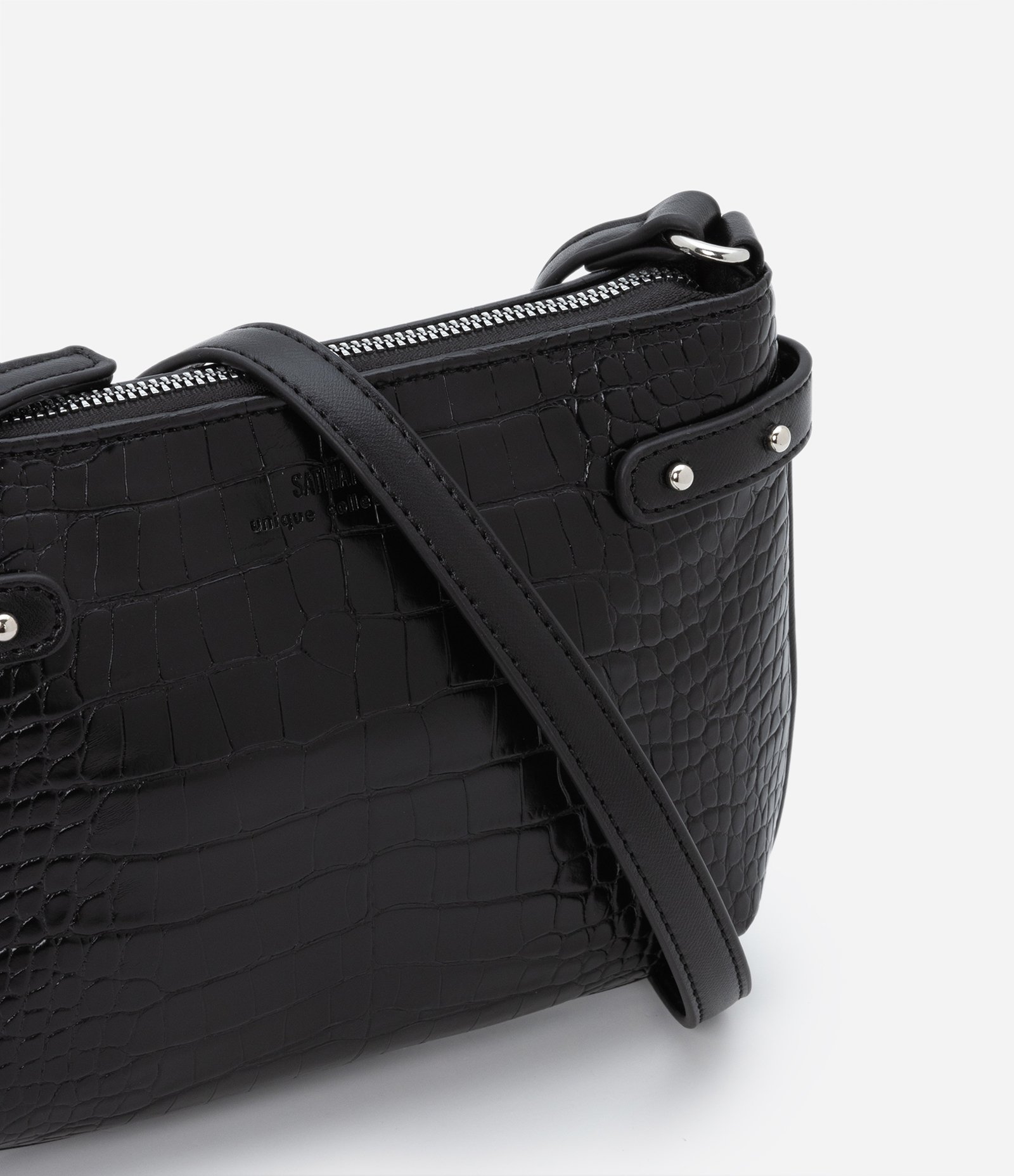 Bolsa Transversal em Pu com Textura Croco Preto