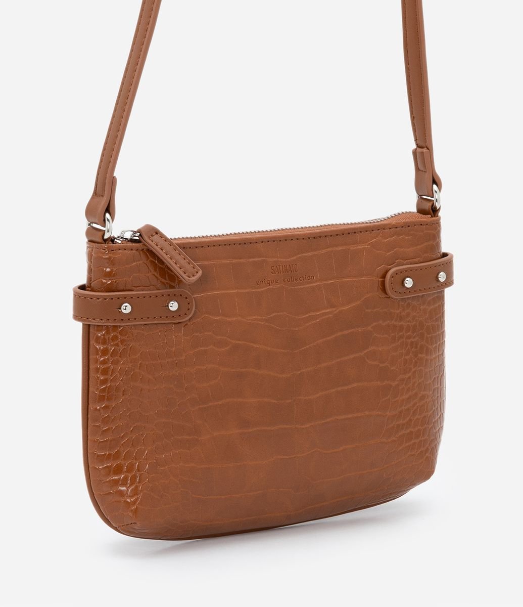 Bolsa Transversal em Pu com Textura Croco Marrom