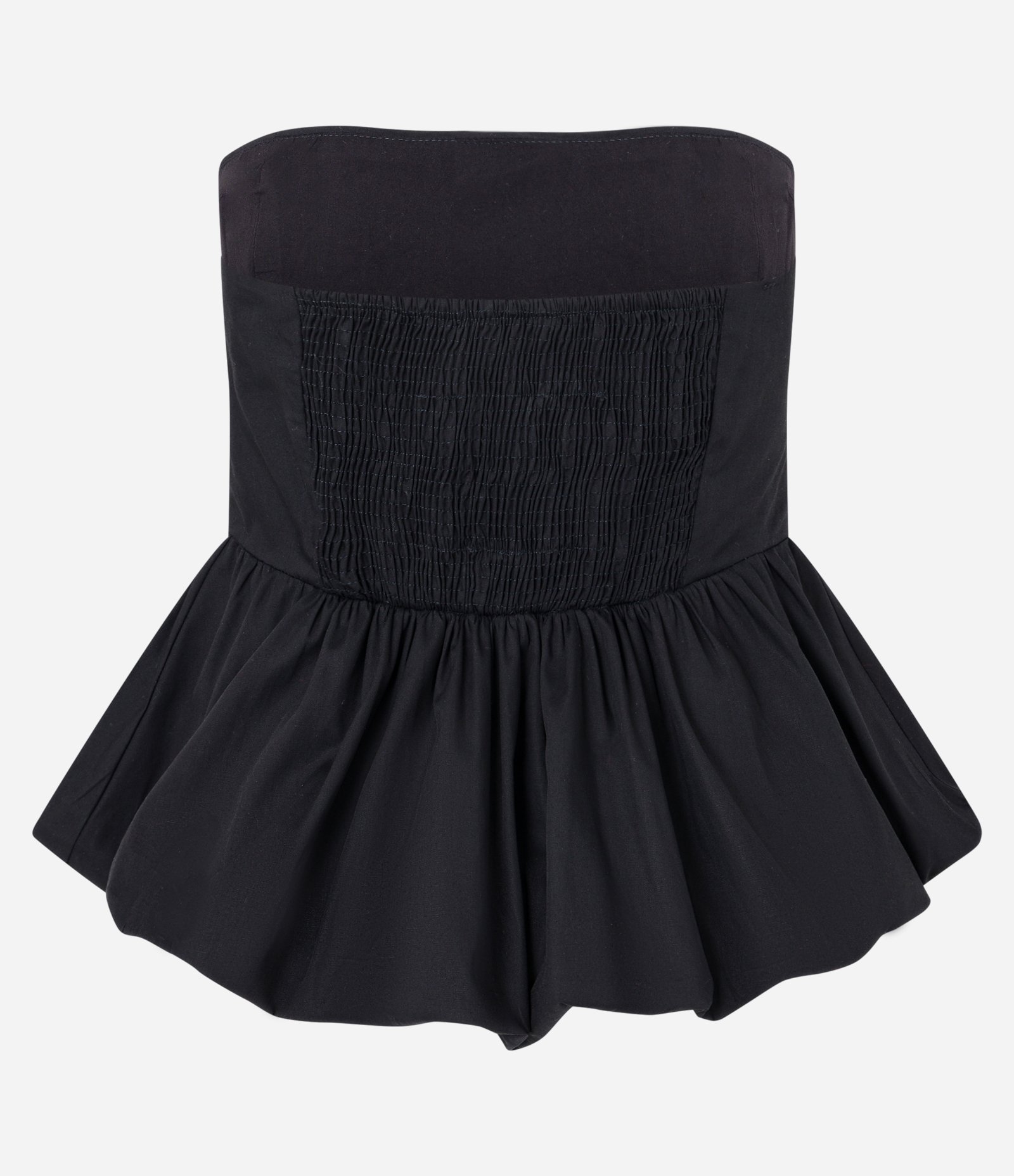 Blusa Tomara que Caia em Tricoline com Lastex nas Costas e Babado Preto