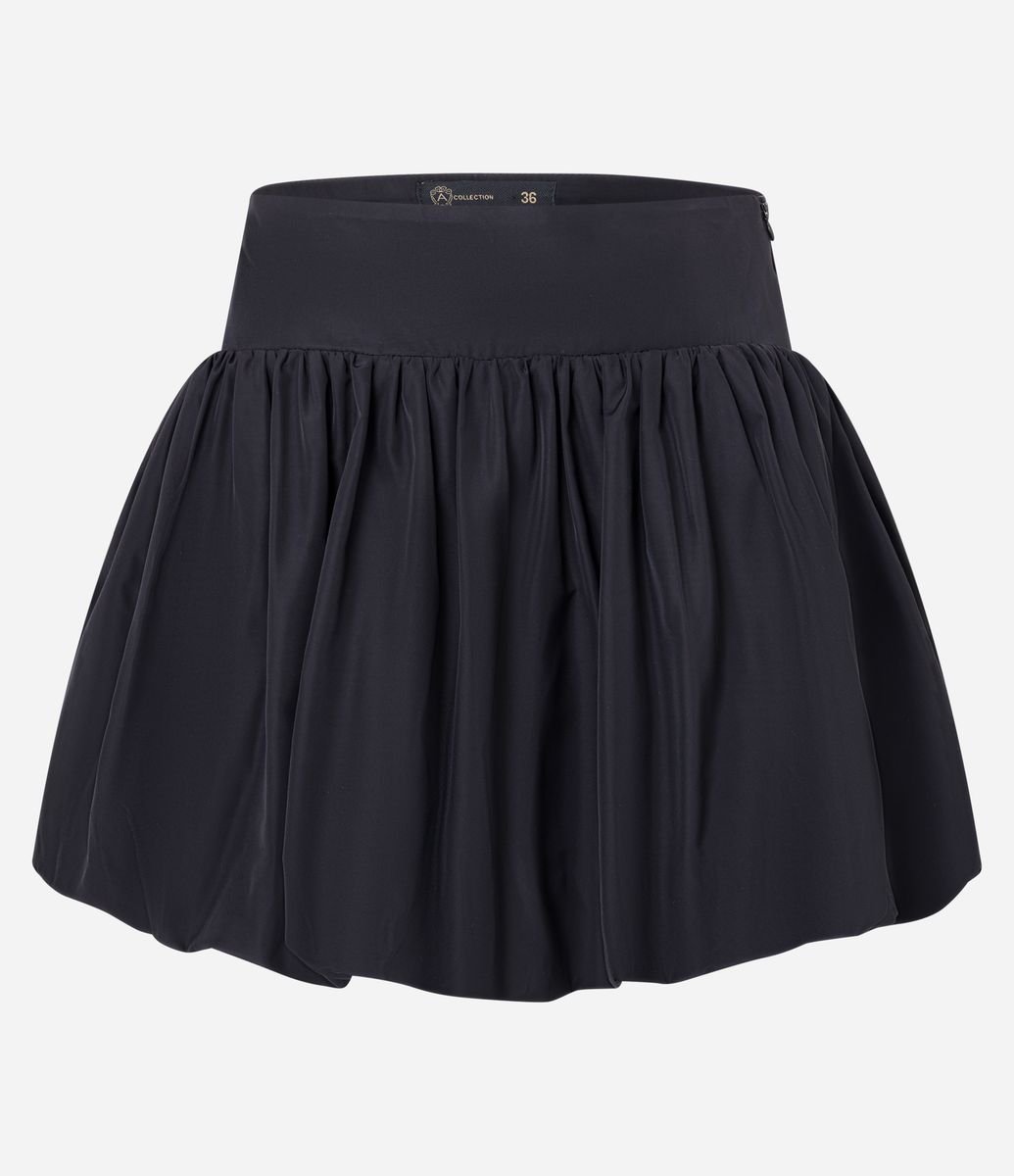 Saia Balonê Alfaiatada com Pregas e Fechamento Lateral em Zíper Preto