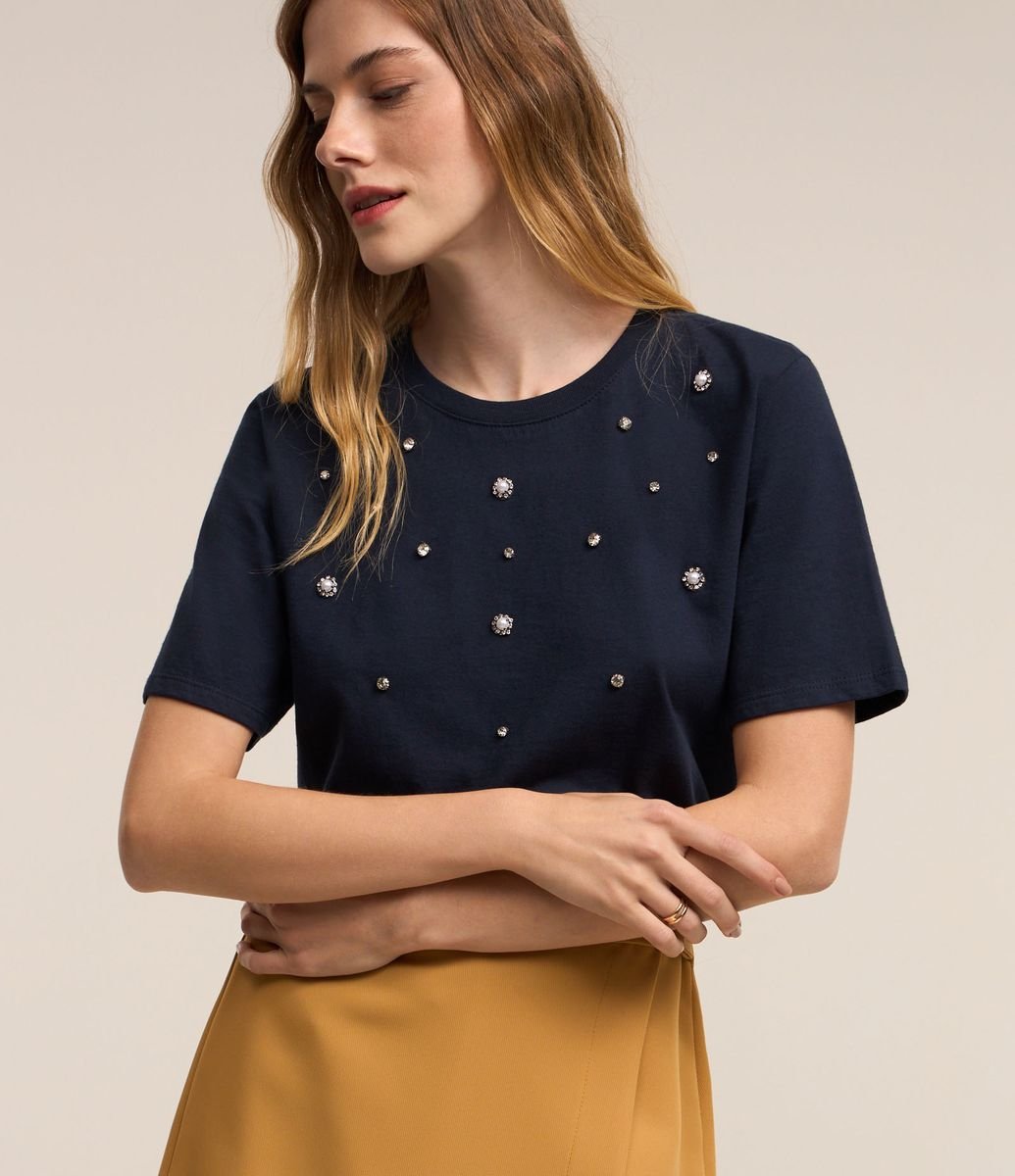 Blusa em Algodão com Aplicação de Strass Frontal Azul Marinho