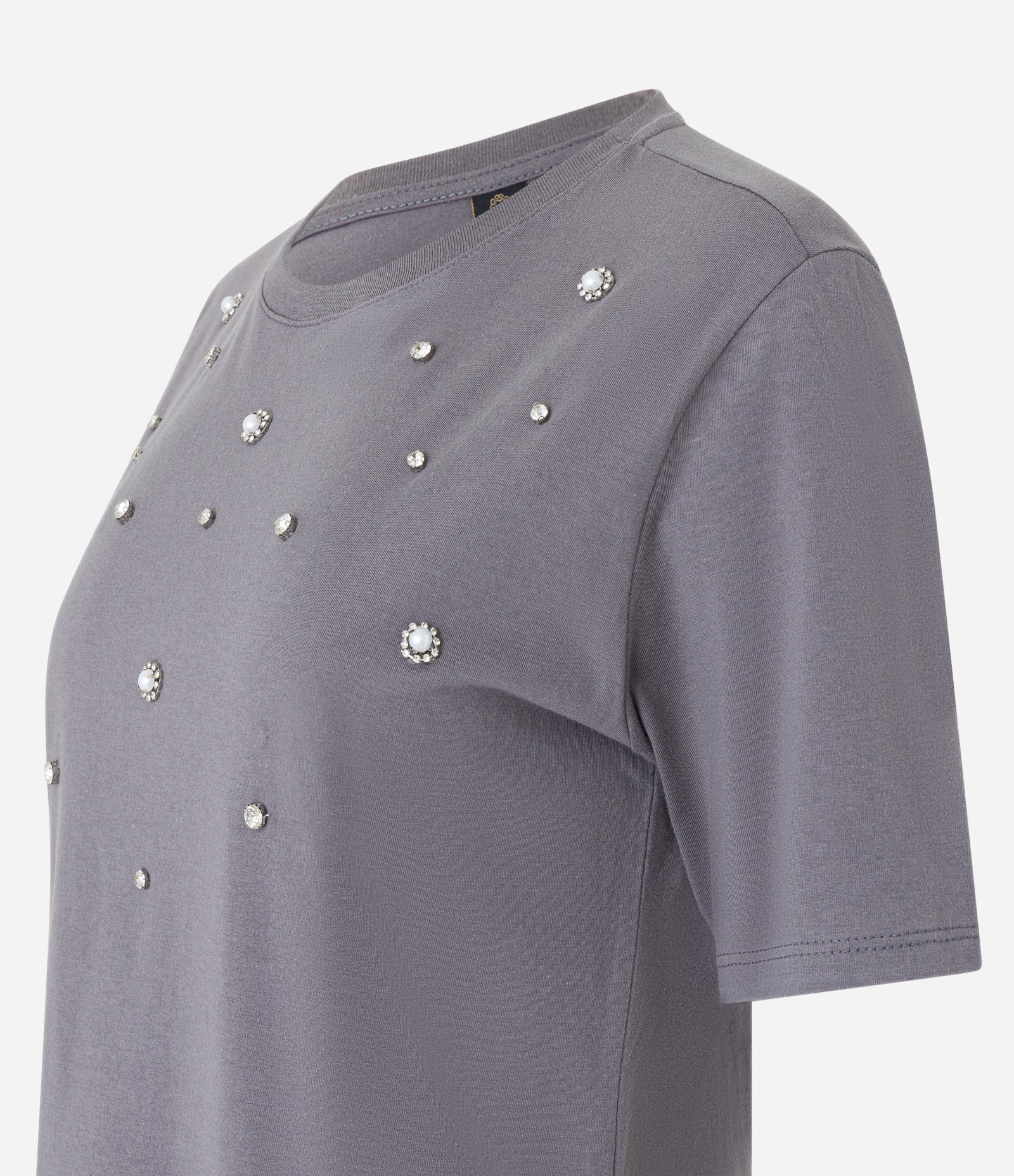 Blusa em Algodão com Aplicação de Strass Frontal Cinza