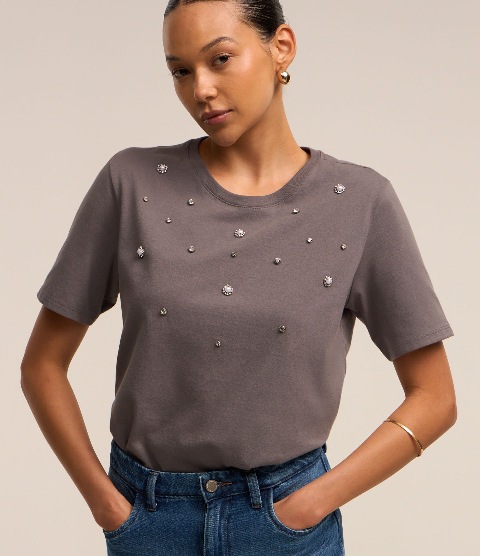 Blusa em Algodão com Aplicação de Strass Frontal Cinza