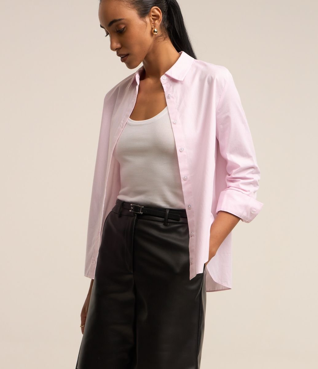 Camisa em Tricoline Listrado com Fio Tinto Rosa Pastel