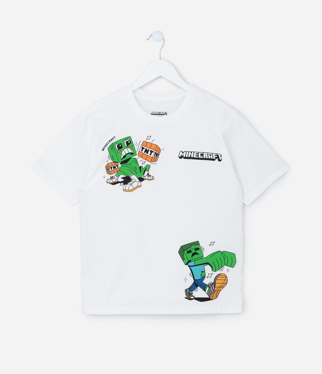 Camiseta Infantil com Estampa Minecraft TNT Zombie - Tam 5 a 14 anos Branco