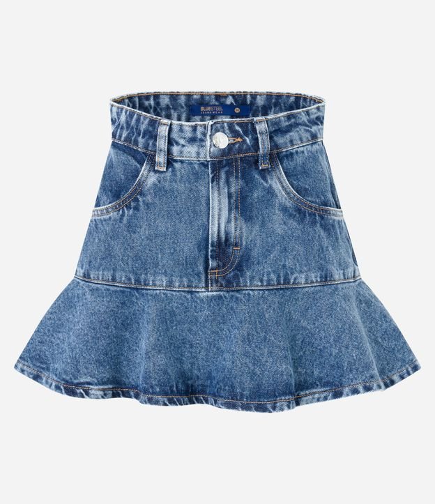 Mini Saia em Jeans com Pala Larga e Babado na Barra Azul