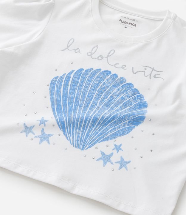 Blusa Infantil com Estampa de Conchas e Brilhos - Tam 5 a 14 Anos Branco