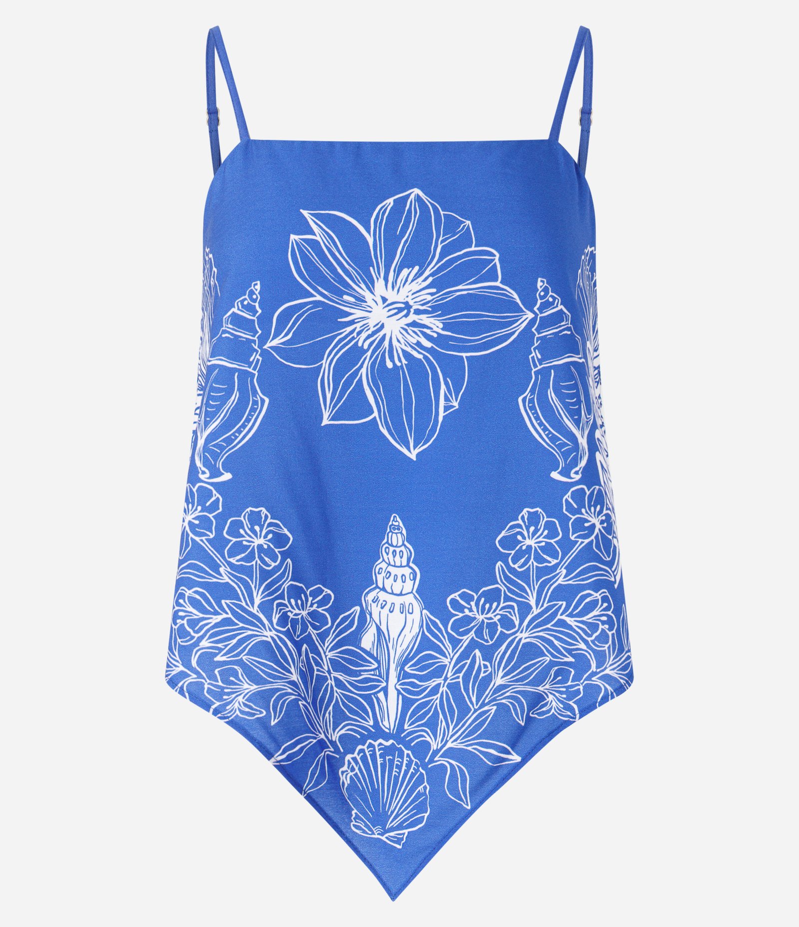 Blusa De Alça Em Viscose Com Barra Em V E Estampa Floral Tropical Azul