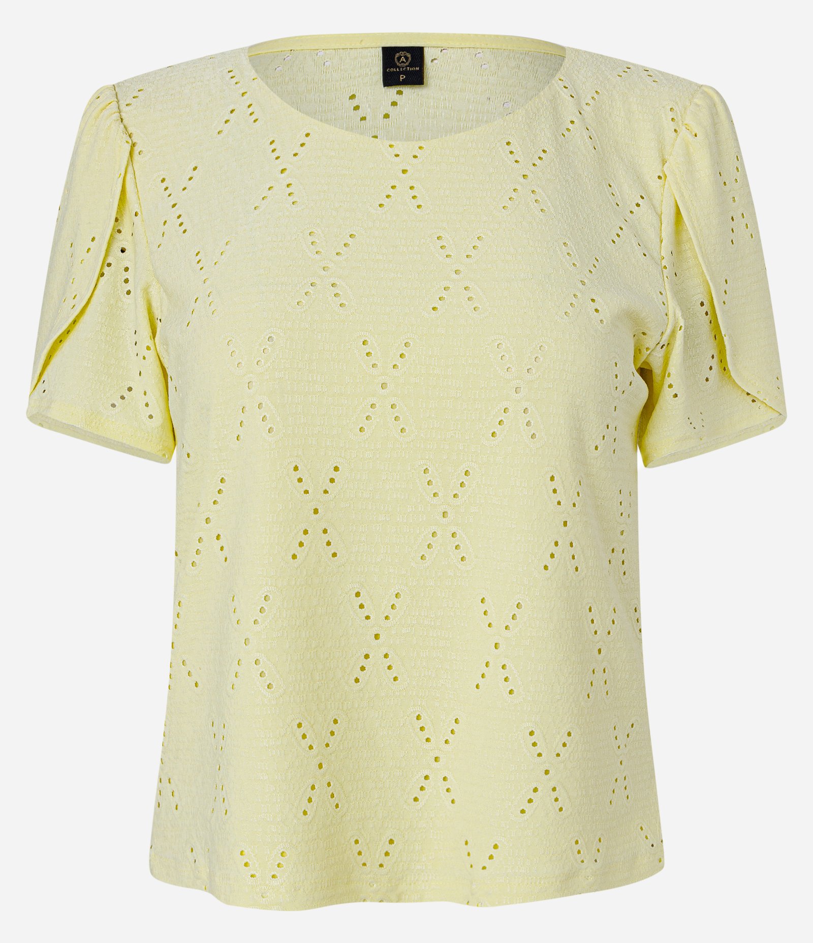 Blusa em Laise com Manga Bufante e Detalhe Sobreposto Amarelo